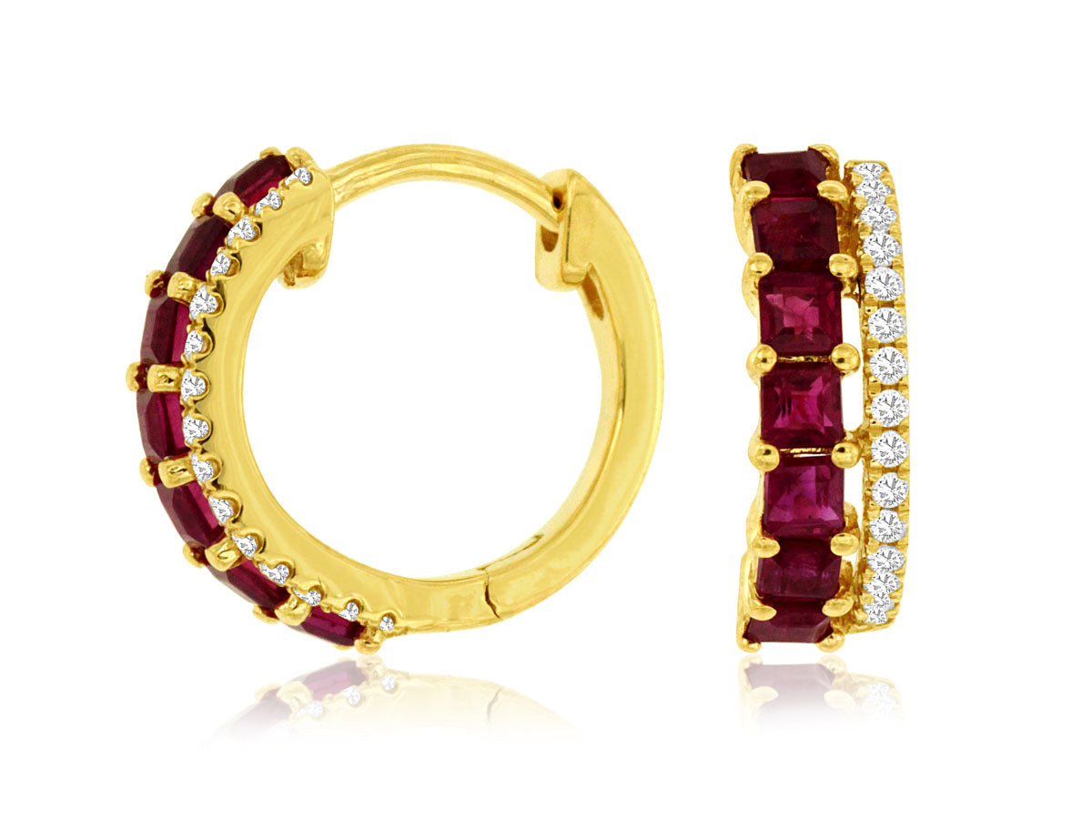 14K Yellow Gold Princess Cut Rubies and Diamond Hoop Earrings ...